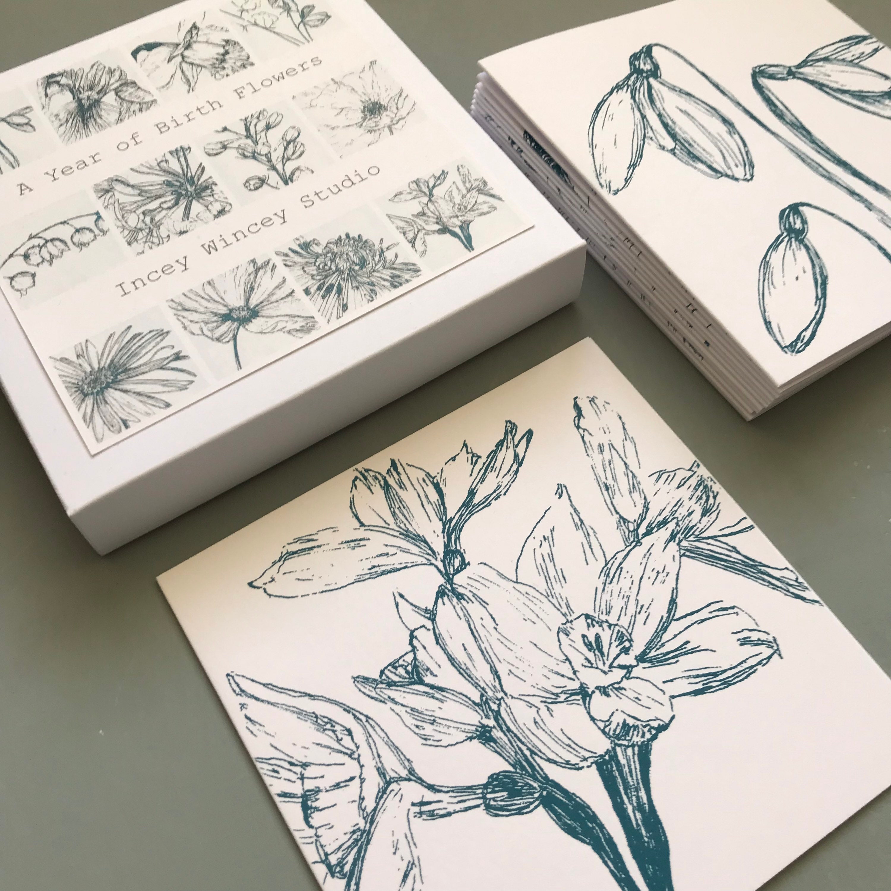 Set of Twelve Birth Flower Cards Hand Printed Birth Flower - Etsy