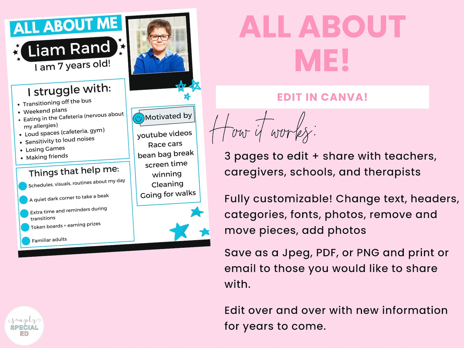 All About Me Editable Template, Special Education, Therapist and ...