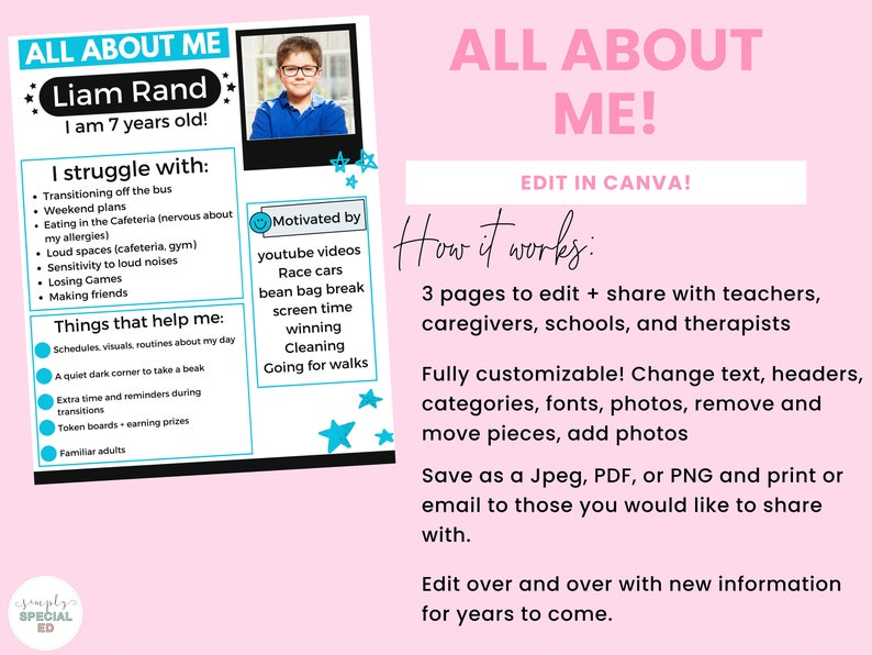 All About Me Editable Template, Special Education, Therapist and ...