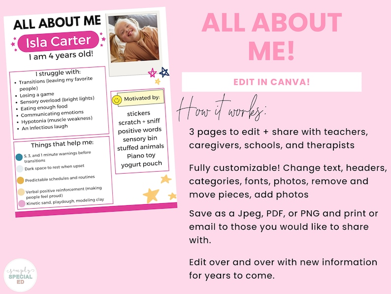 Editable All About Me for Special Needs Parents, Speech Therapists ...