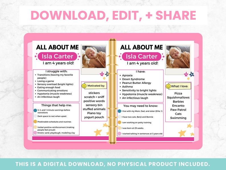 Editable All About Me for Special Needs Parents, Speech Therapists ...