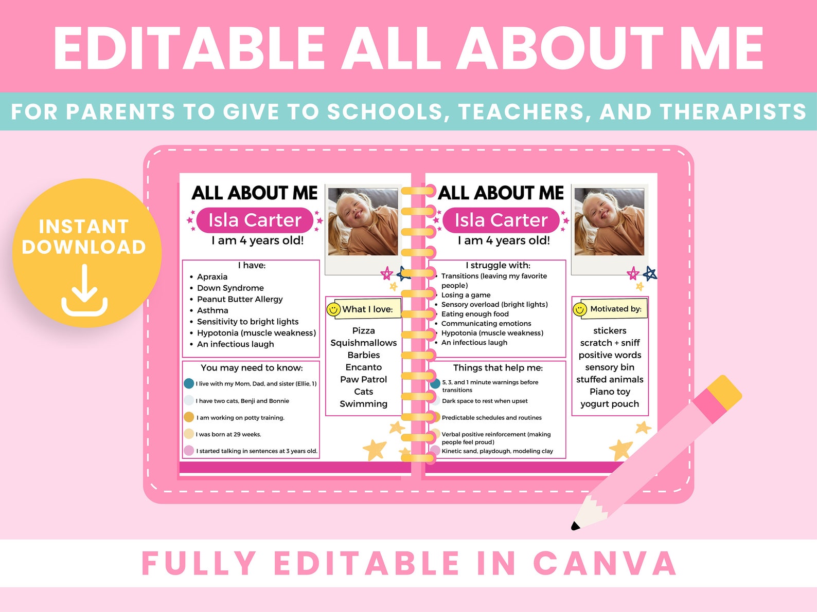 Editable All About Me for Special Needs Parents, Speech Therapists ...