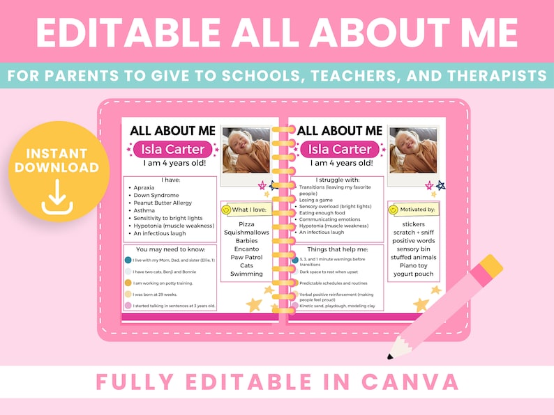 Editable All About Me for Special Needs Parents, Speech Therapists ...