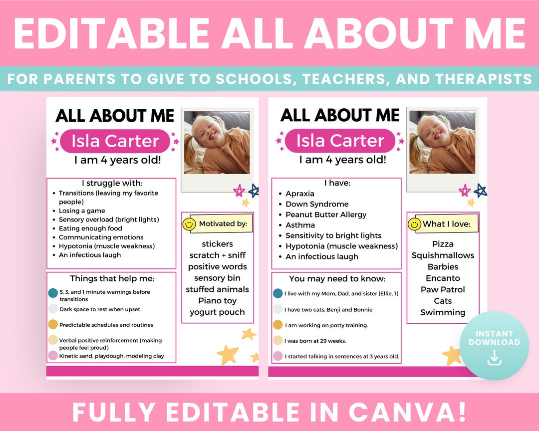 Editable All About Me for Special Needs Parents, Speech Therapists ...