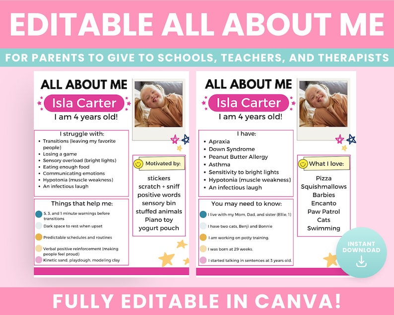 Editable All About Me for Special Needs Parents, Speech Therapists ...