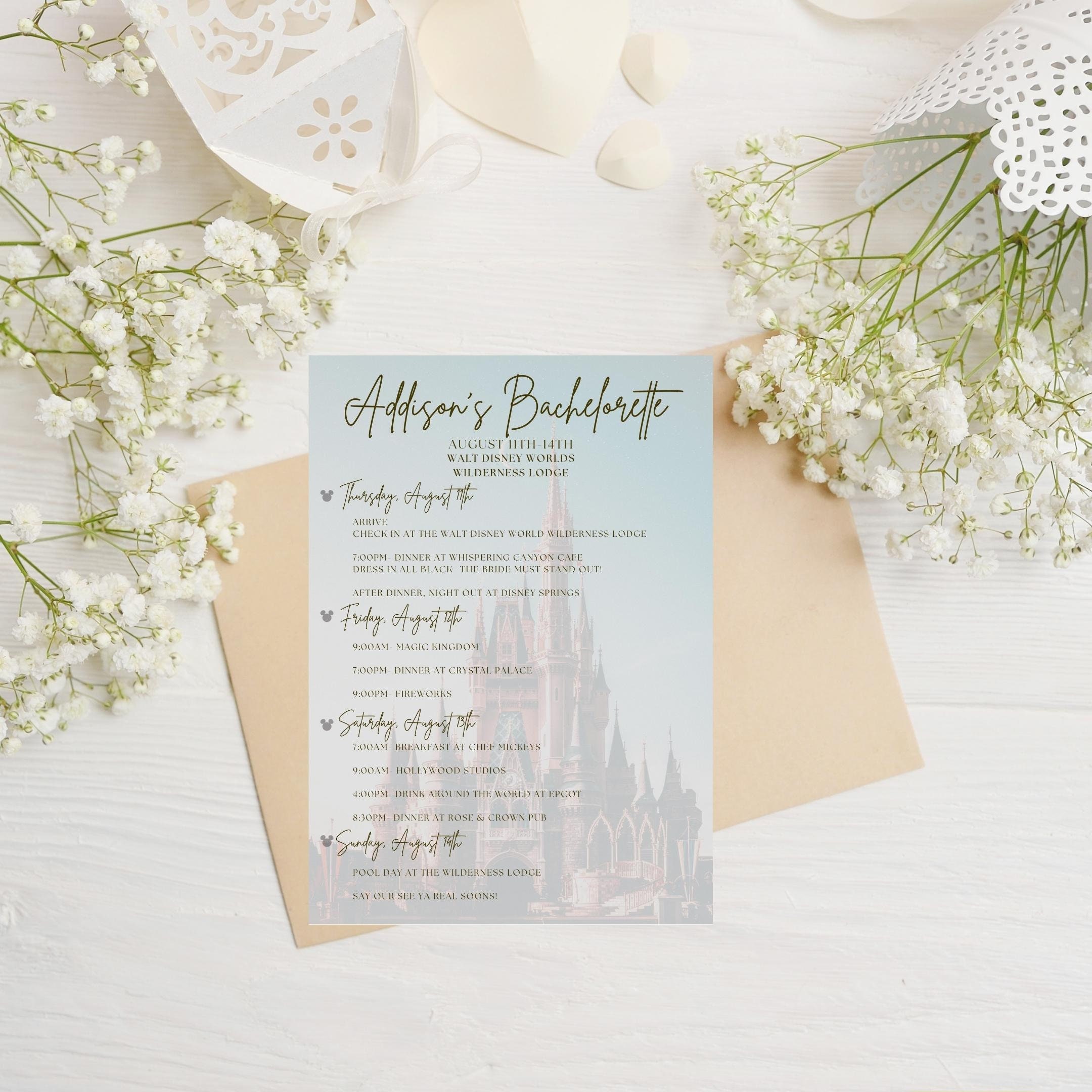 Disney Bachelorette Itinerary DIGITAL, Bachelorette Party, Happily Ever ...