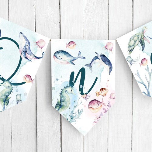 Under the Sea Birthday Banner Cute Watercolor Ocean Party - Etsy
