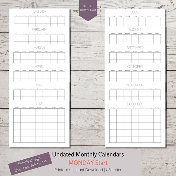 Printable Monthly Calendar Undated January to December - Etsy