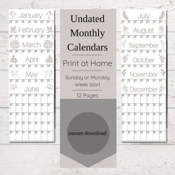 PRINTABLE Monthly Calendar Undated January to December | Etsy