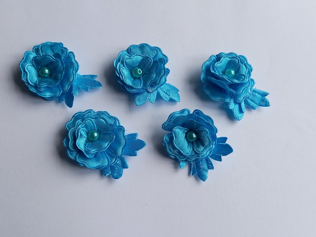 10 3cm Beautiful Satin Blue Padded Roses / Flowers and Leaves With ...