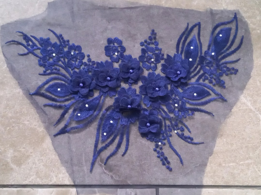 Navy Blue 3D Flower Applique: Embroidered Lace Trim With Sequins (37cm ...