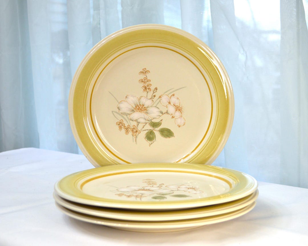 1970s Stoneware Dinner Plates With White Wild Roses and Yellow Border ...