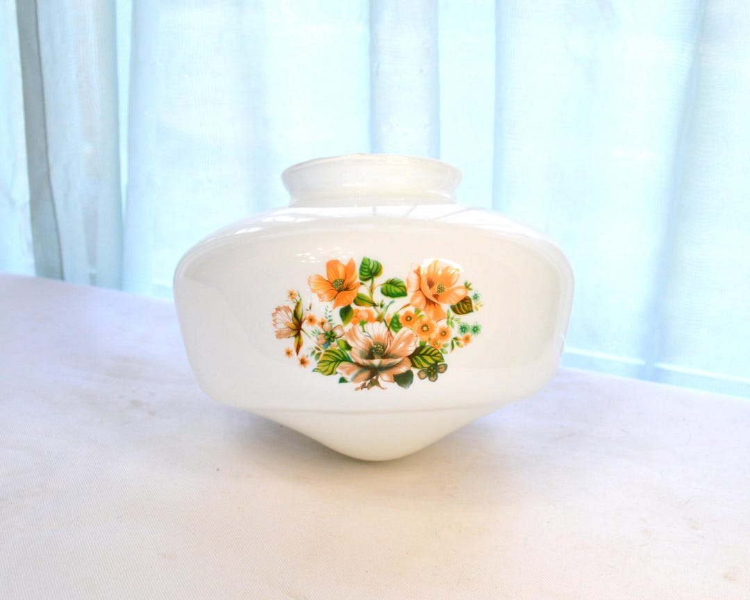 1980s Ceiling Light Shade, White Glass, Orange, Brown, and Blue Flowers ...