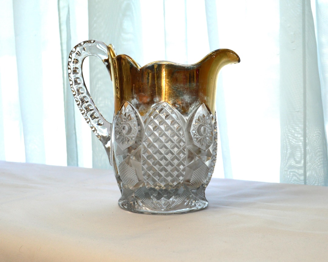 Antique Glass Pitcher With Gold Band, Hobstar and Diamond Pattern - Etsy