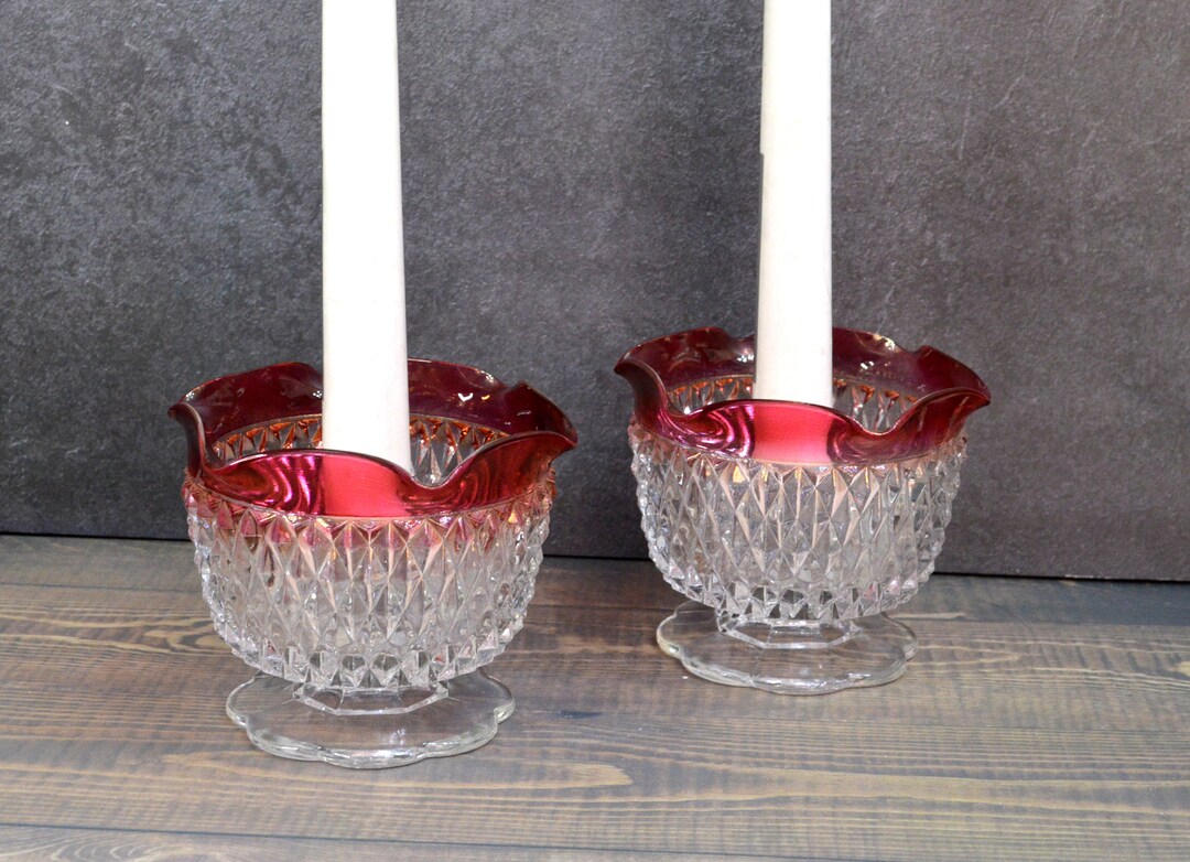 Vintage Candle Holders, Indiana Glass Ruby Flash Diamond Point ...