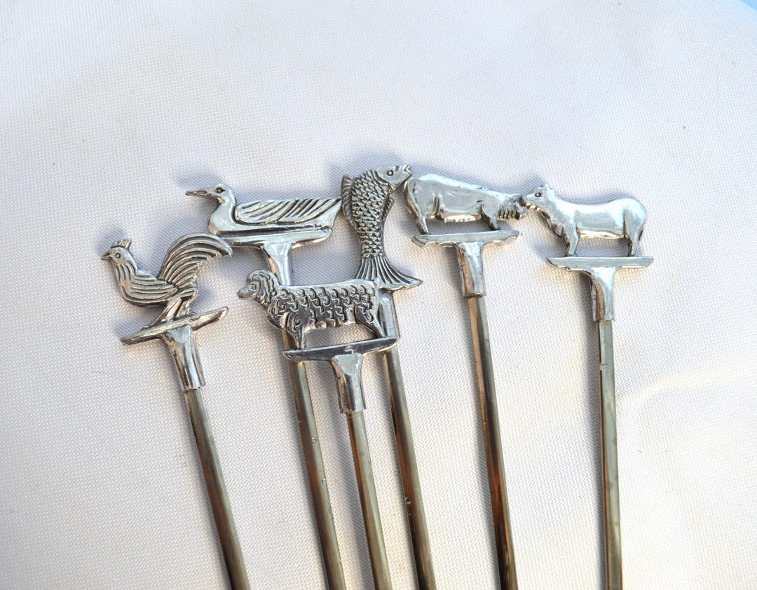 Vintage Metal Meat Skewers With Animals on the Handles, Set of Six ...
