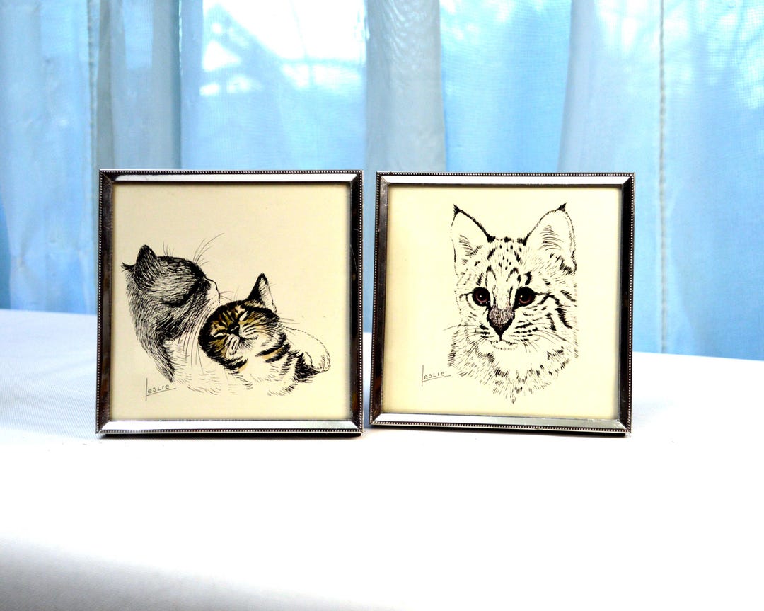 Cat Art Prints Signed by Artist Leslie, Tabby Cats in Black, White, and ...