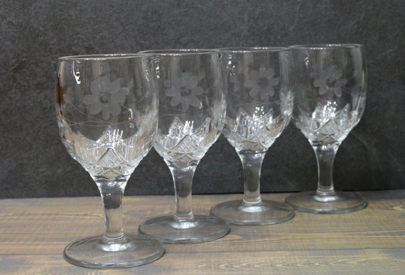 Vintage Heavy Glass Water Goblets With Etched Flowers And Etsy