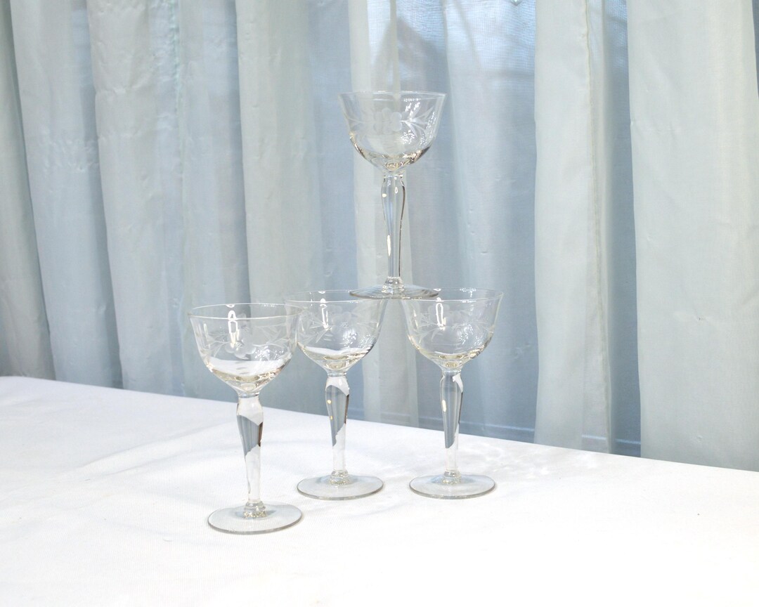 Cut Glass Floral Liquor Cocktail Glasses, Bulb Stems, Set of 4 - Etsy