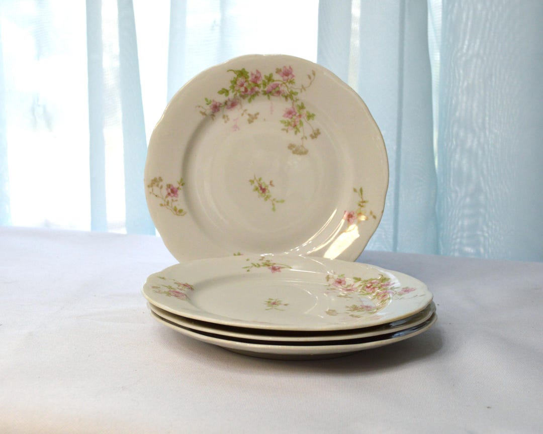 Antique Dessert Plates With Pink Flowers and Green Leaves, Scalloped ...