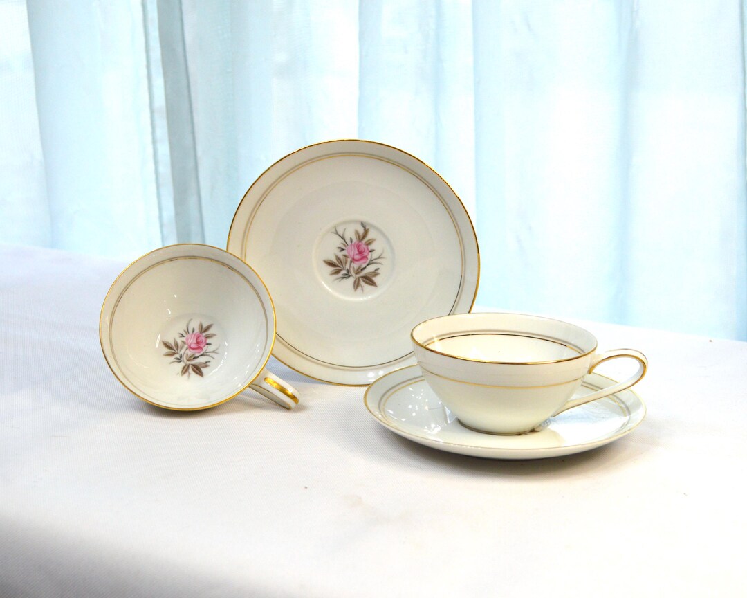 Teacups and Saucers With Pink Roses and Gray Leaves on White With Gold ...