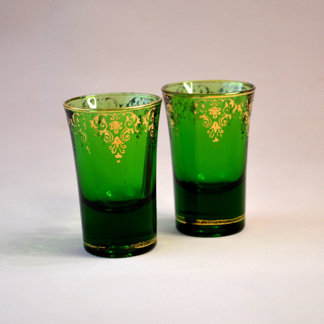 Set of 2 Green Shot Glasses With Gold Filigree Design - Etsy