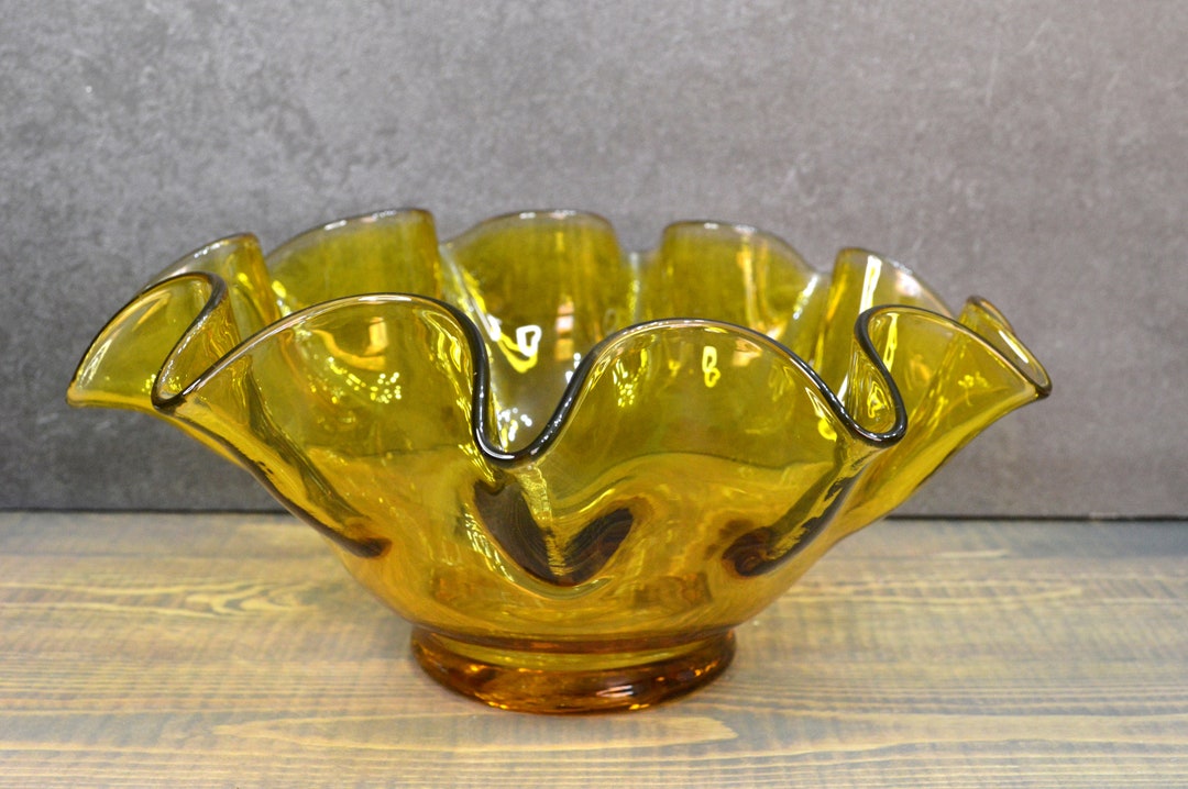 Bright Yellow Blown Glass Bowl With Ruffled Edge - Etsy