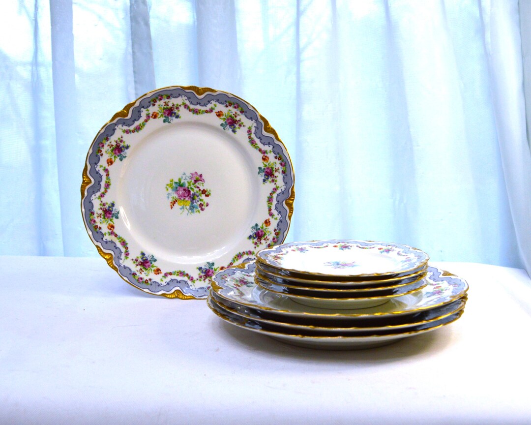 Vintage Plate Set, Blue Borders, Floral Swags, Flowers in the Center ...