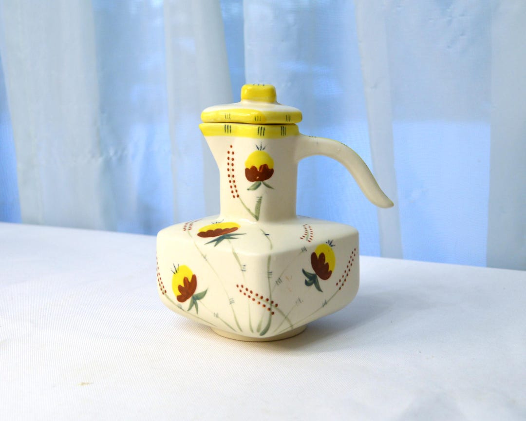 Ceramic Syrup Jug With Lid, Hand Painted With Yellow and Burgundy Red ...
