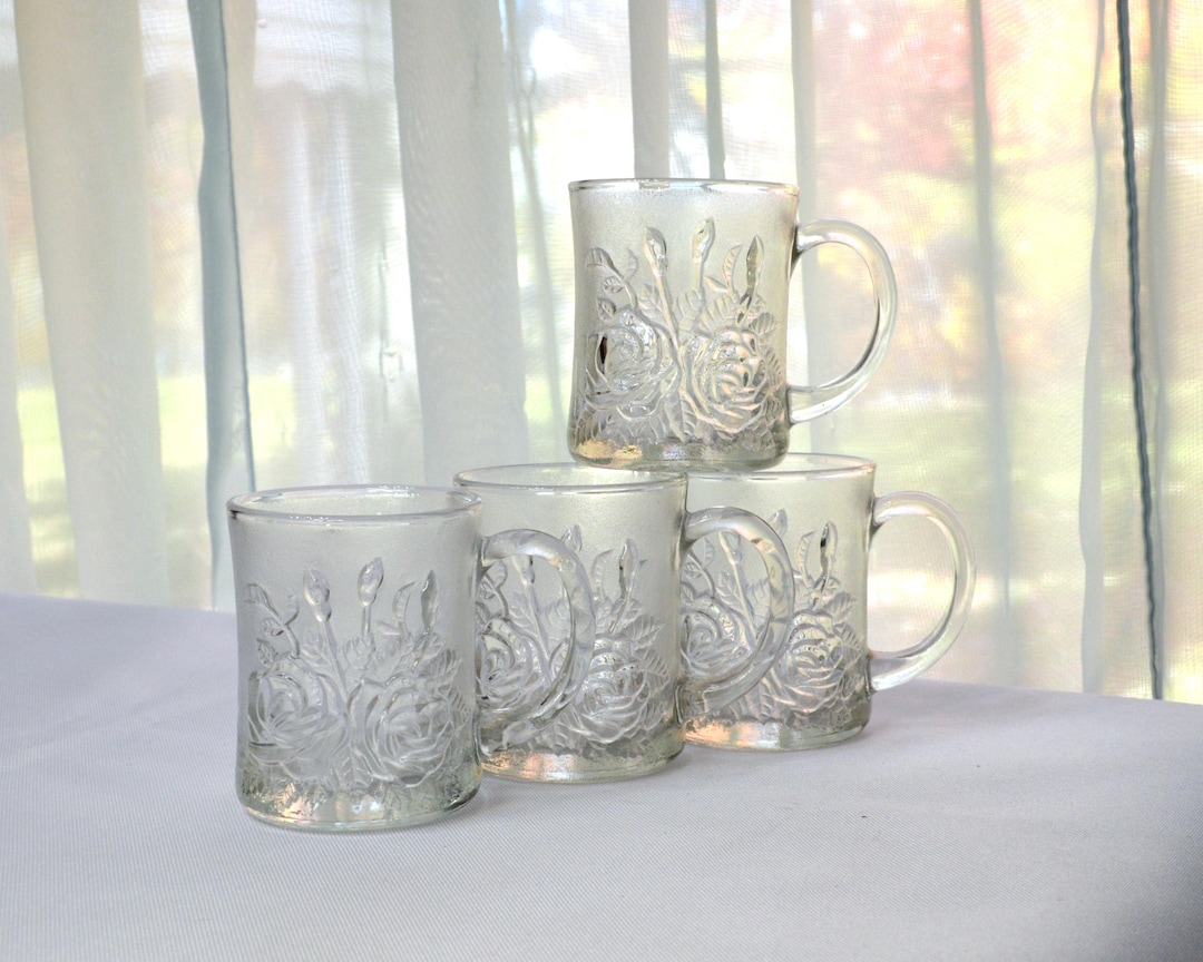 Set of 4 Livia Coffee Mugs by Pasari Crystal, Frosted Clear Glass Cups ...