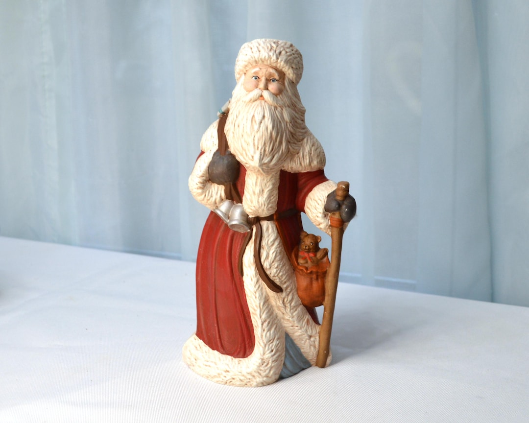 Vintage Ceramic Santa Statue, Saint Nicholas With Walking Stick, Bells ...