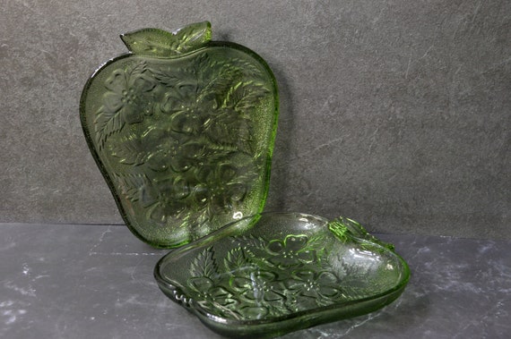 Vintage Green Glass Apple Dish With Blossoms Set of 2 | Etsy