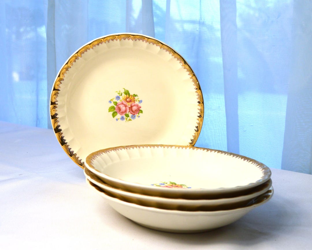 Coupe Soup Bowls, Romantic Pink Roses and Yellow and Blue Flowers, Gold ...