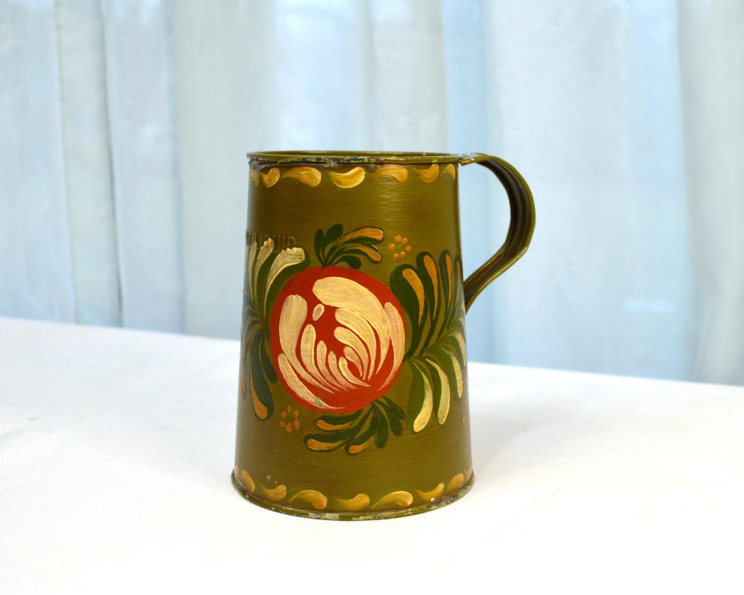 Toleware Tin Measuring Cup, Olive Green With Red Flower, Hand Painted ...