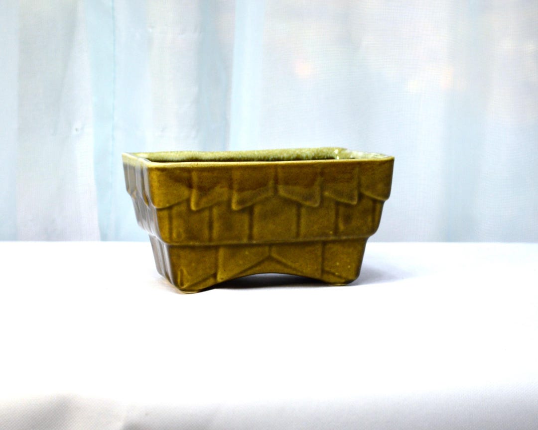 Olive Green Ceramic Planter With Drip Glaze, Rectangular, Footed - Etsy