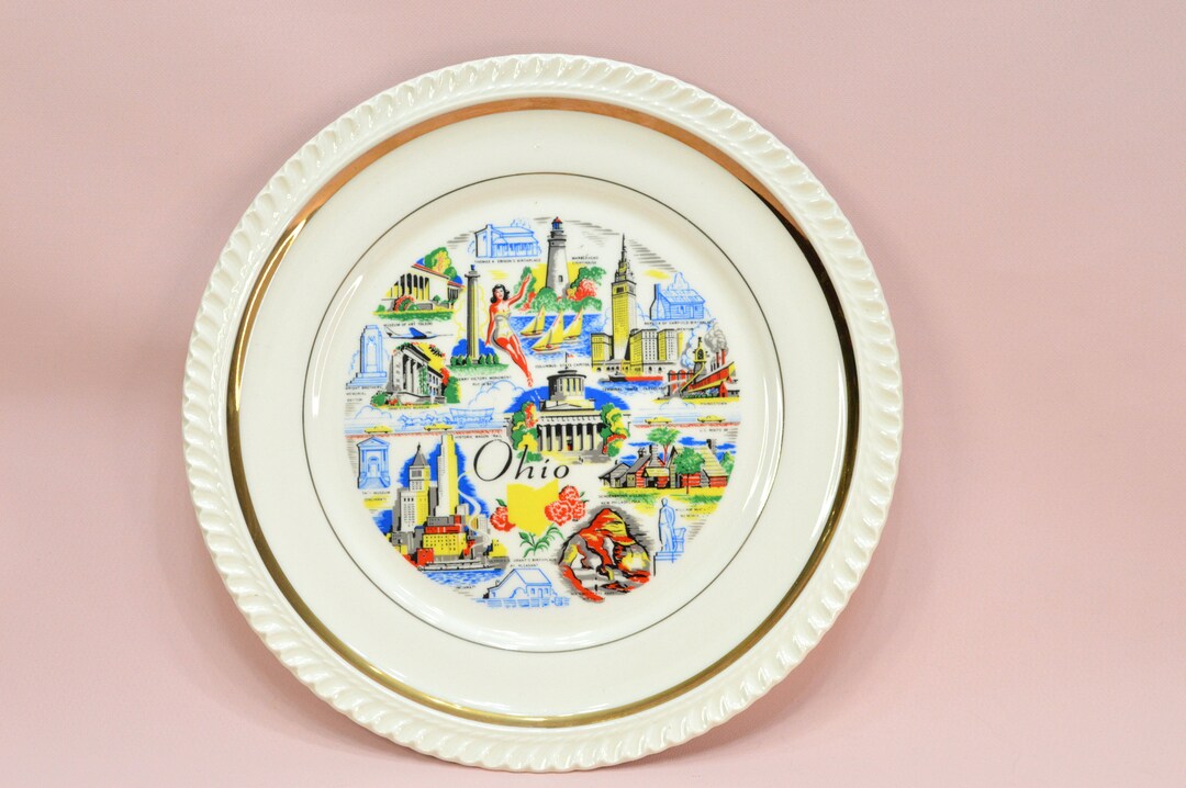 Vintage Ohio Tourist Souvenir Plate, Decorated With Gold Trim and ...