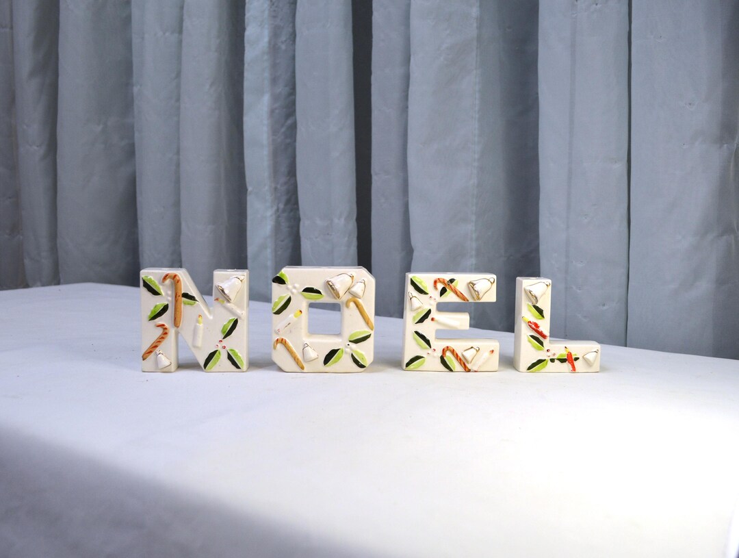 NOEL Ceramic Candle Holders, White With Candy Canes - Etsy