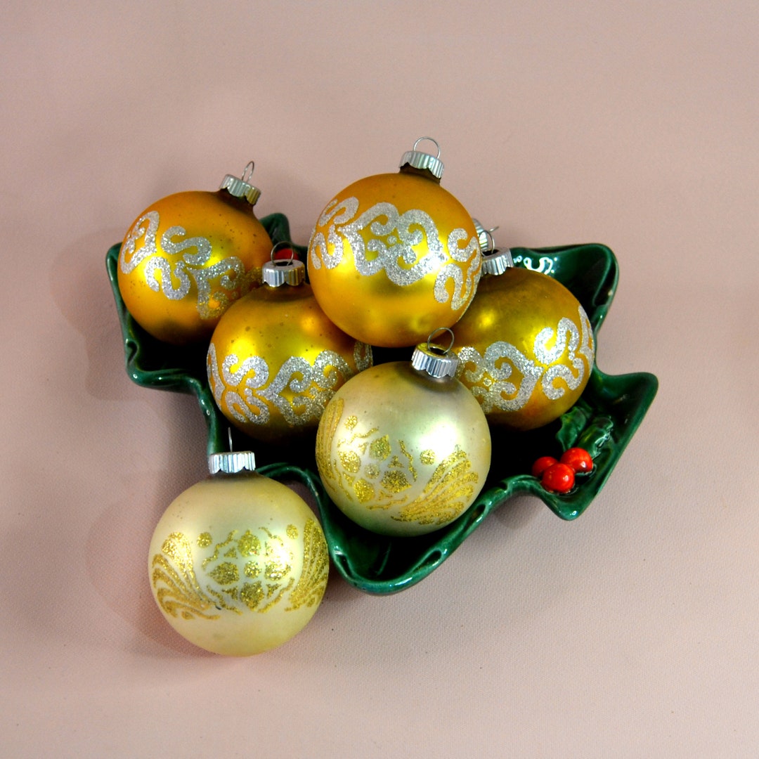 7 Shiny Brite Christmas Bulbs With Glitter Stenciled Scrolls - Etsy