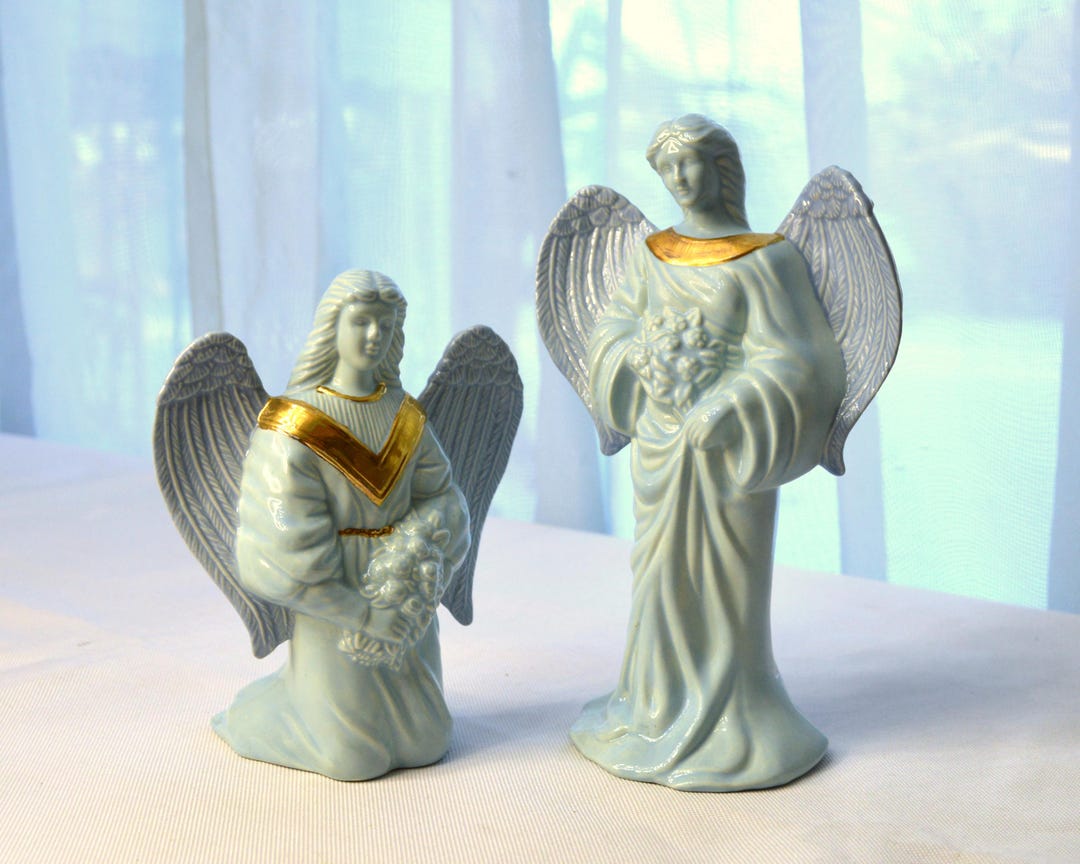 Blue and Gold Angel Figurines, Standing and Kneeling, Holding Flowers ...