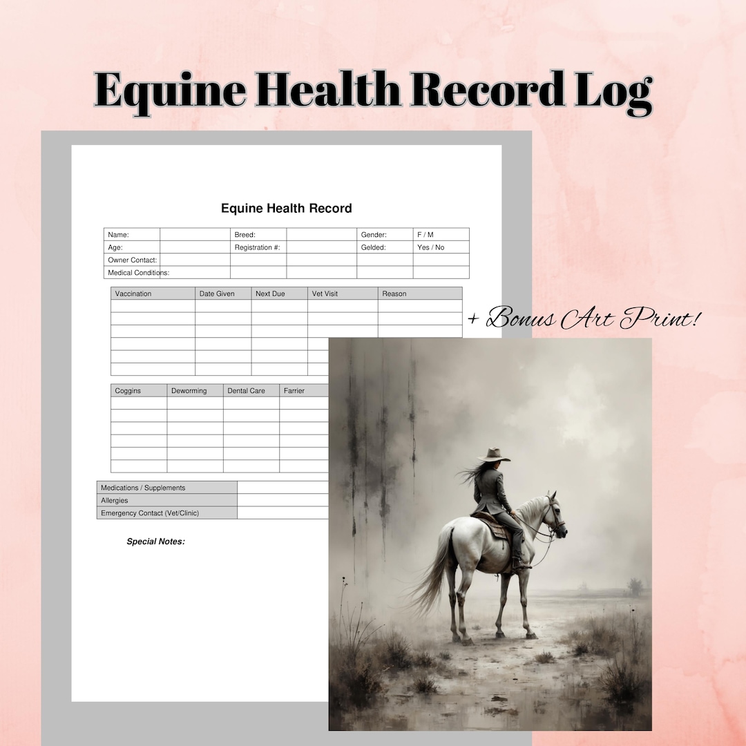 Equine Health Record Log Printable PDF | Horse Care Planner & Wellness ...