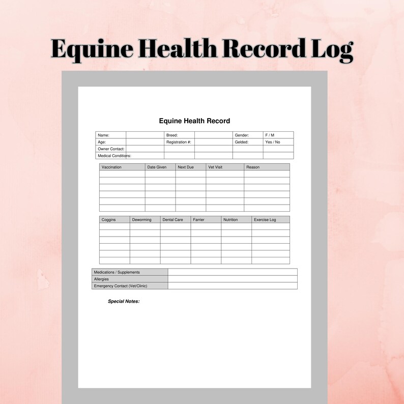 Equine Health Record Log Printable PDF | Horse Care Planner & Wellness ...