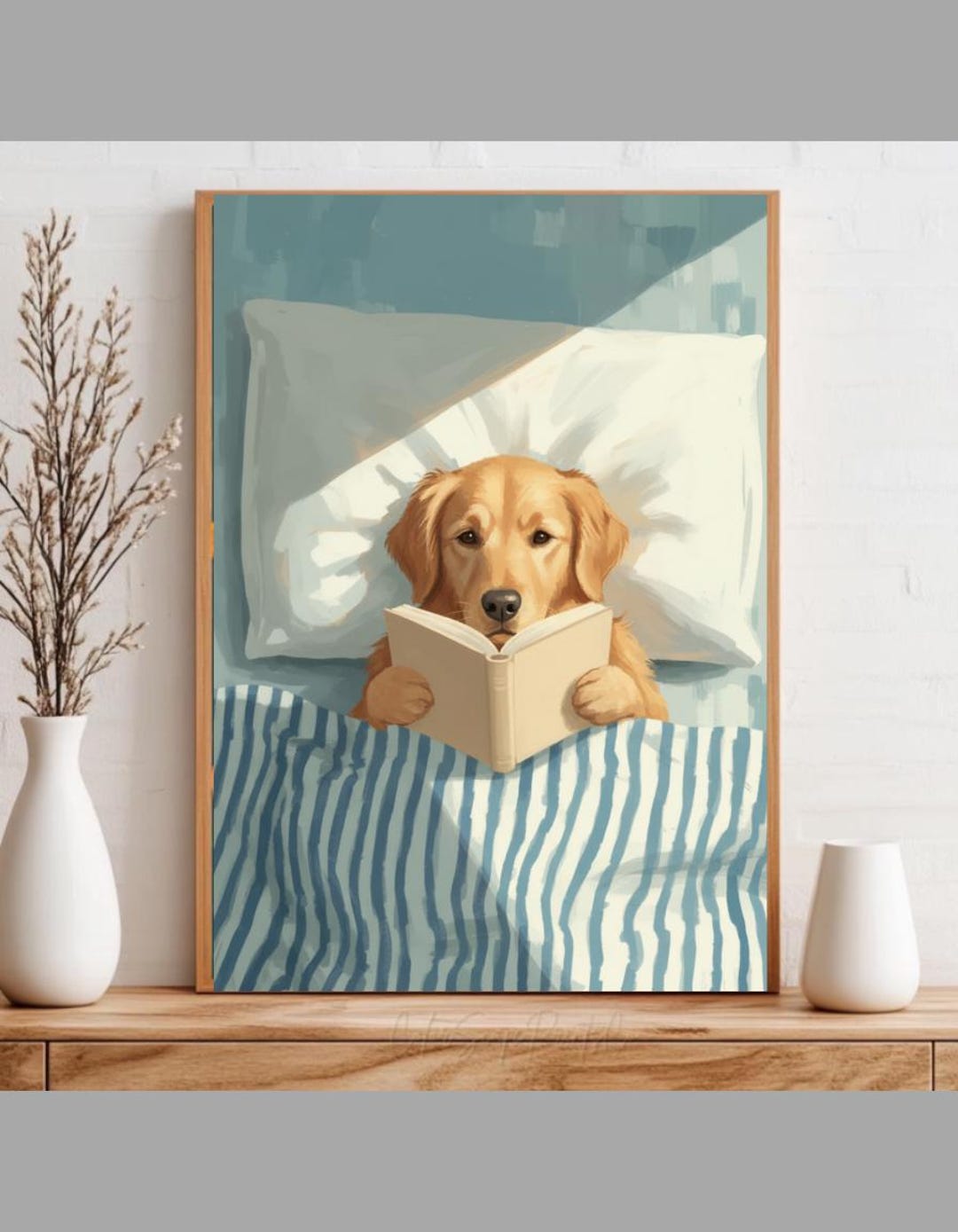 Whimsical Golden Retriever Dog Reading Book in Cozy Bed - Bookish Dog ...