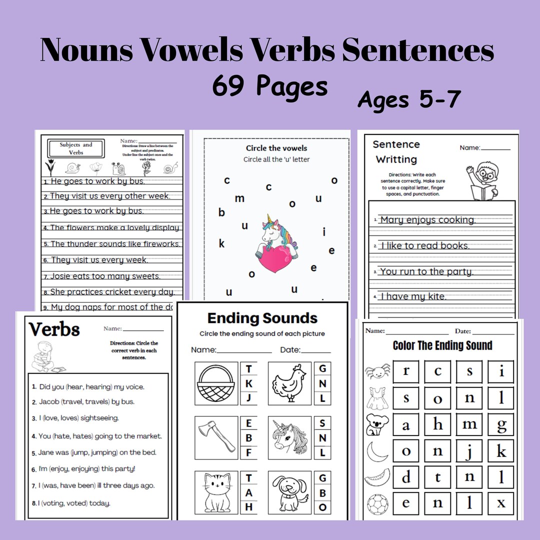 Kindergarten & 1st Grade Worksheets Bundle | Nouns, Verbs, Vowels ...