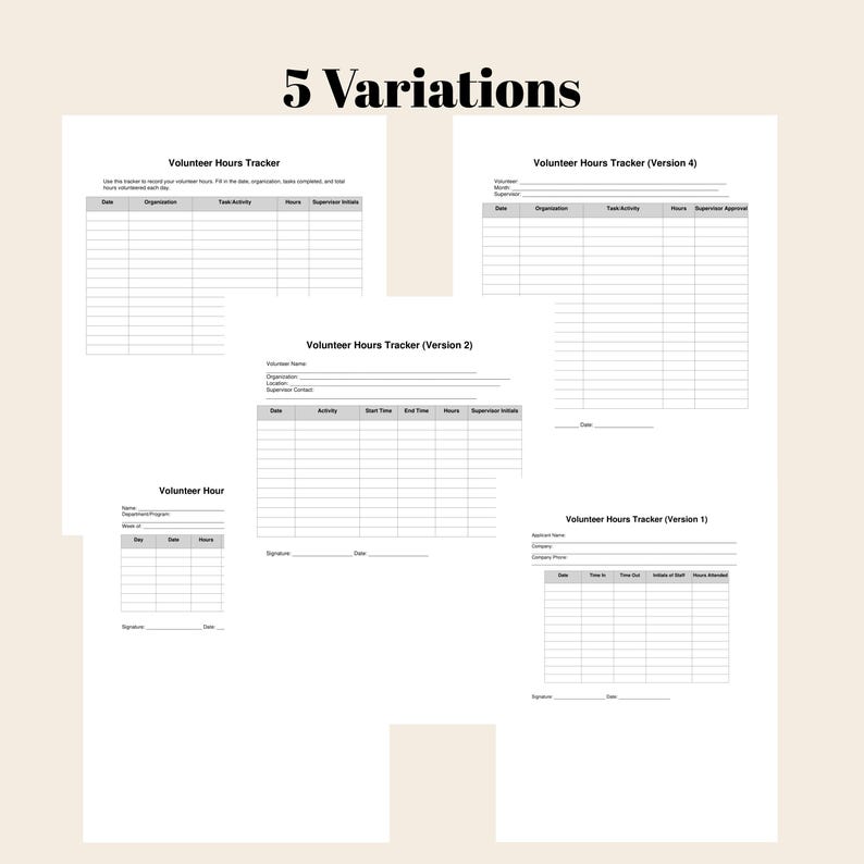 Volunteer Hour Tracker Log Printable PDF | 5 Variations Community ...