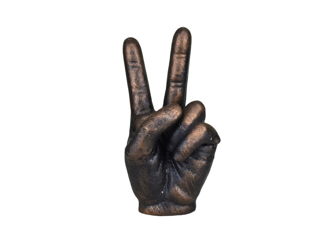 V Sign Symbol of Peace Sculpture Statue Cast Iron Hand Shaped Metal Art ...