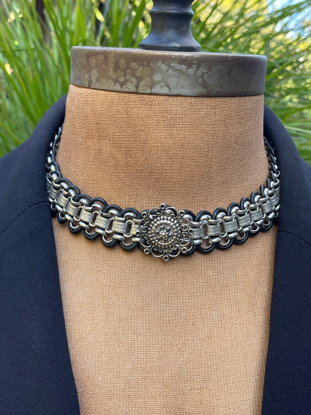 Handwoven Book Chain & Black Leather Cord Necklace With Floral Accent ...