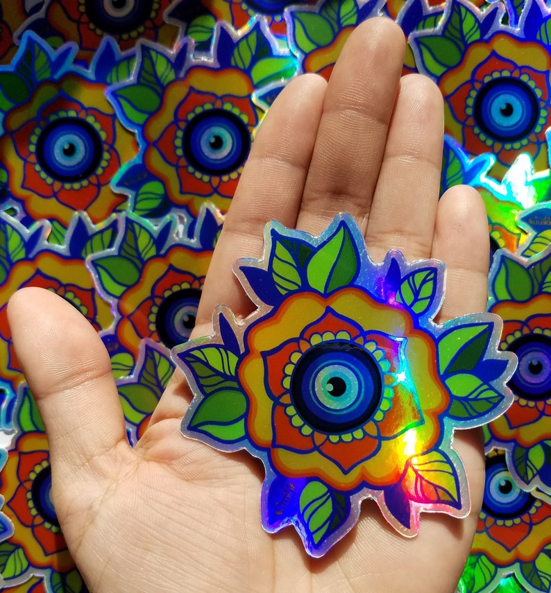 Holographic Vinyl Evil Eye Flower Sticker Waterproof Nazar | Etsy