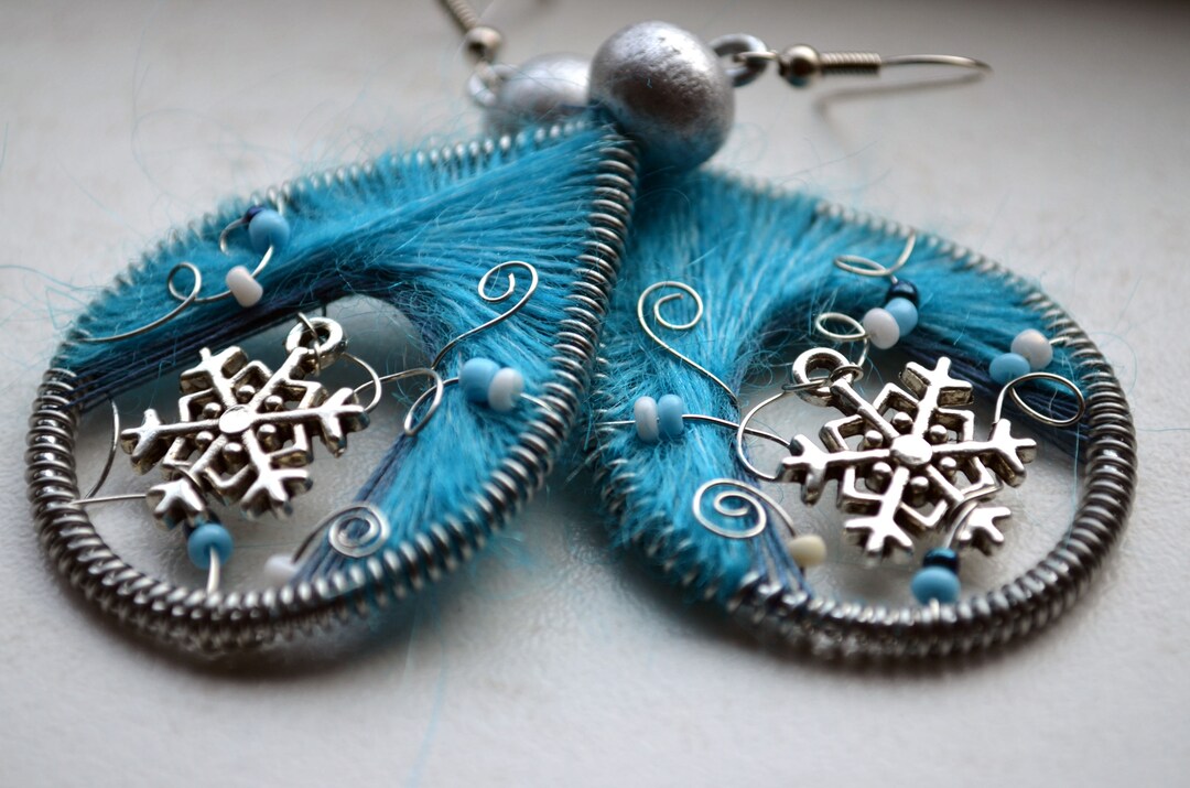 Snowflake Jewelry/ Snowflake Earrings/ Snow Earrings/ Big Blue Earrings ...