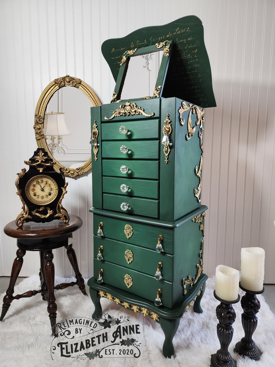 SOLD! Vintage Emerald GREEN & GOLD Jewelry Armoire | Scrolls, French ...