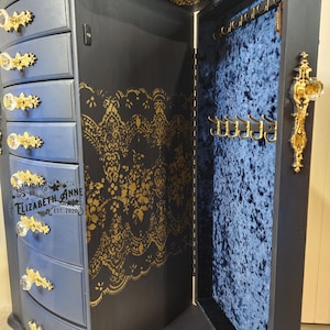Sold!!!!royal Navy Blue & Gold Jewelry Armoire | Crushed Velvet Lining ...